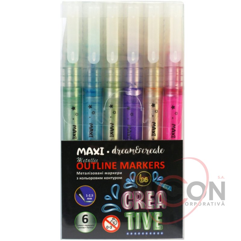 Markere metalizate cu contur colorat, 6 culori