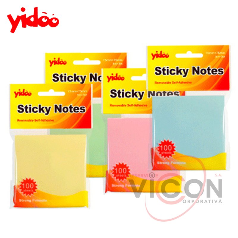 Hârtie pentru notițe cu strat adeziv Yidoo 75x75 mm, 100 file, galben ...