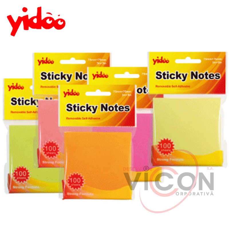 Hârtie pentru notițe cu strat adeziv Yidoo 75x75 mm, 100 file, verde neon