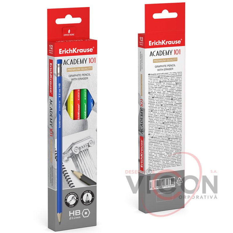 ErichKrause® Academy 101 HB creion simplu hexagonal cu gumă de șters