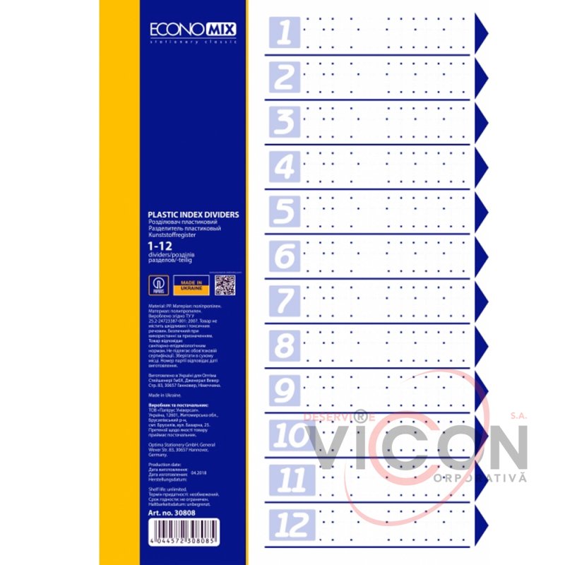 Separator de foi A4 Economix, din plastic, 12 diviziuni, culoare