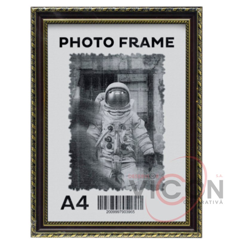 Rama foto A4 cu picior de suport, neagră cu ornament auriu 24mm