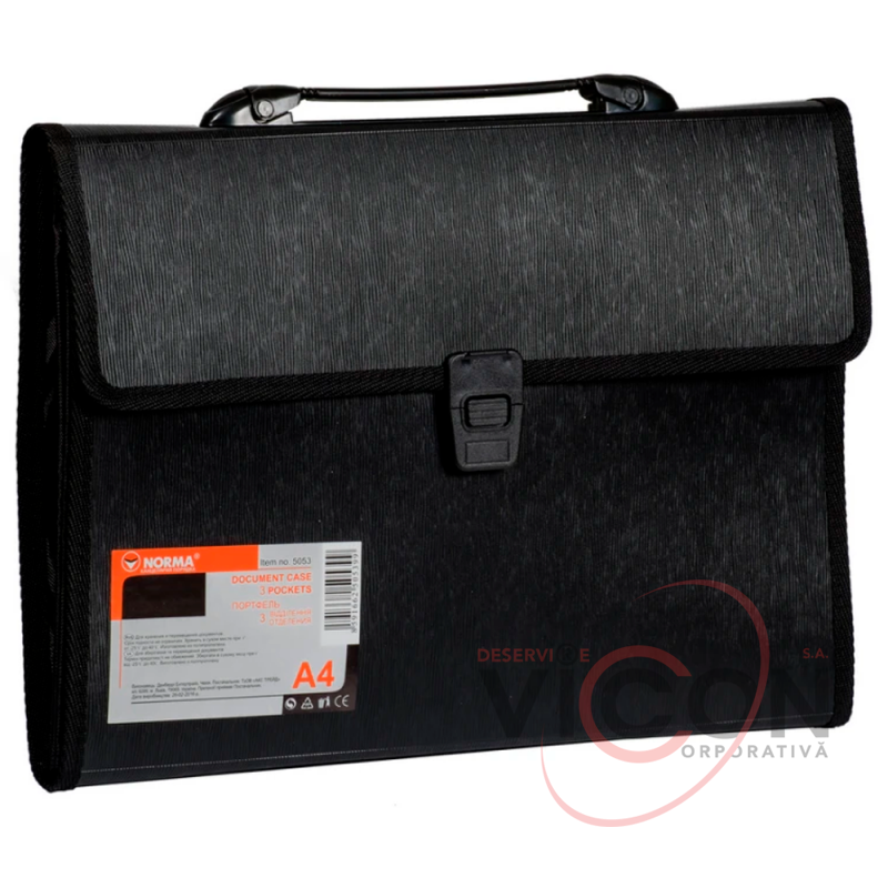 Servieta din plastic A4, 3 compartimente, negru, 850mk NORMA 5053