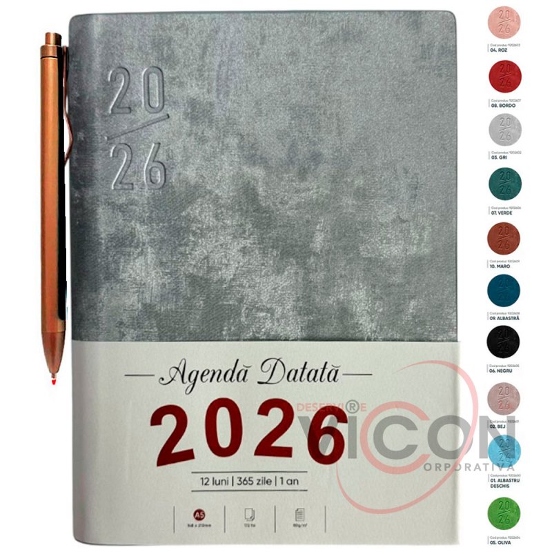 Agenda A5 datata zilnic, 2026, Coperta Velura Flex, include pix, Oliva