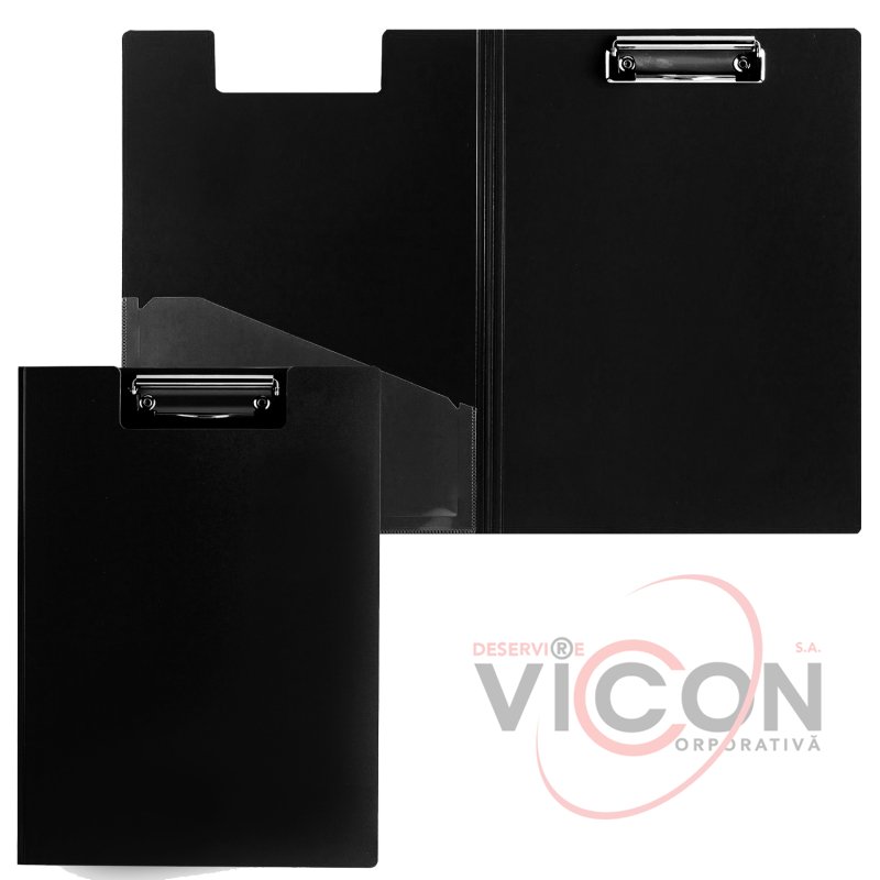 Mapă clipboard, A4, cu clemă de sus și capac A4, plastic negru, 1,3 mm ...